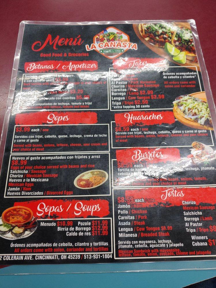 Menu at La Canasta restaurant, Cincinnati