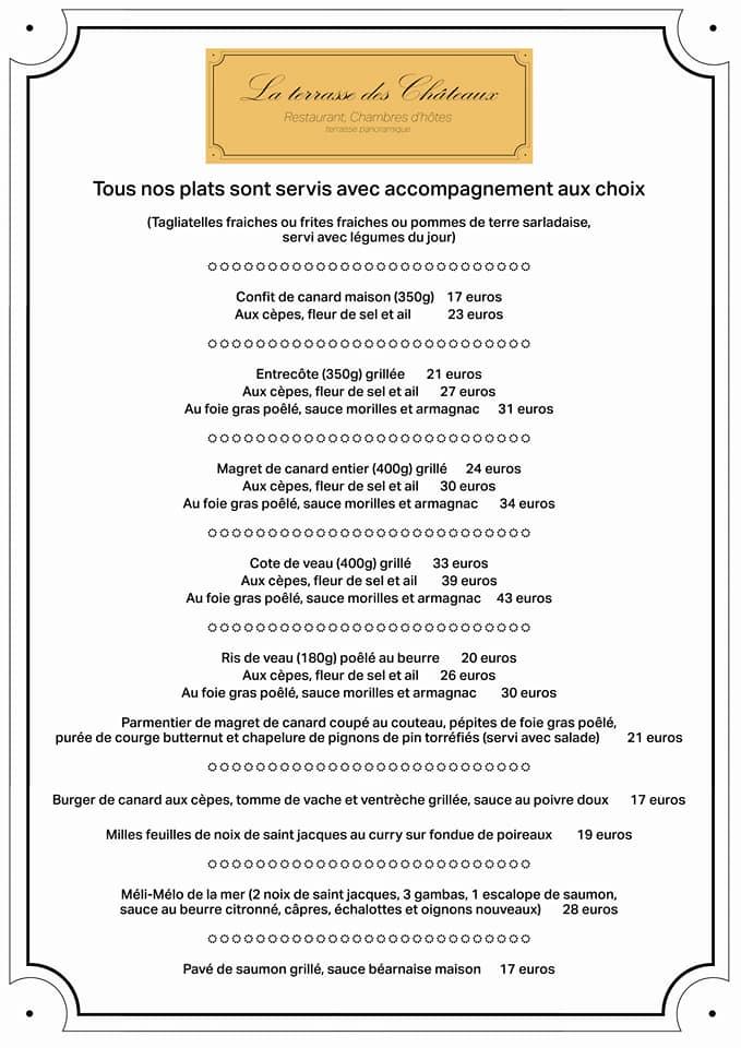 Menu au La Terrasse des Châteaux restaurant, Beynac-et-Cazenac, Lieu ...