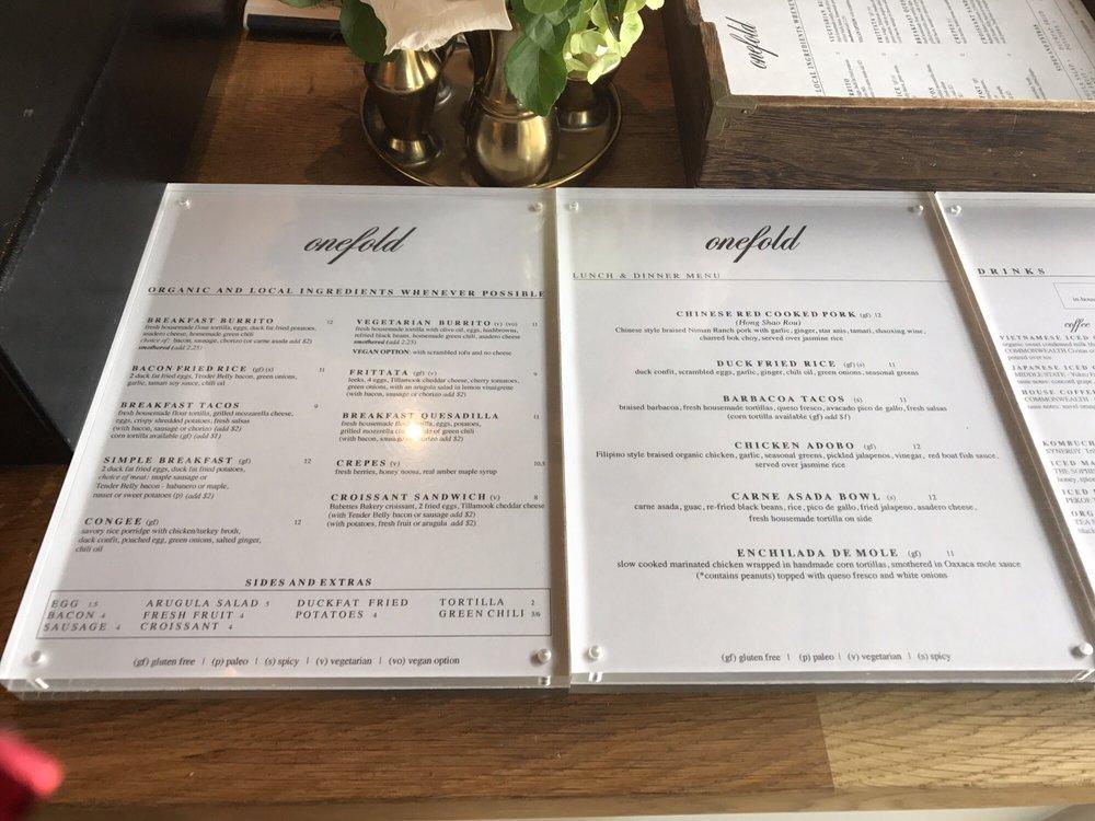 Menu at Onefold cafe, Denver, E 18th Ave