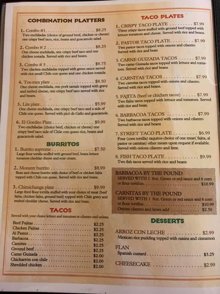 Menu at Taqueria Los Huaraches restaurant, Lockhart, Pancho St