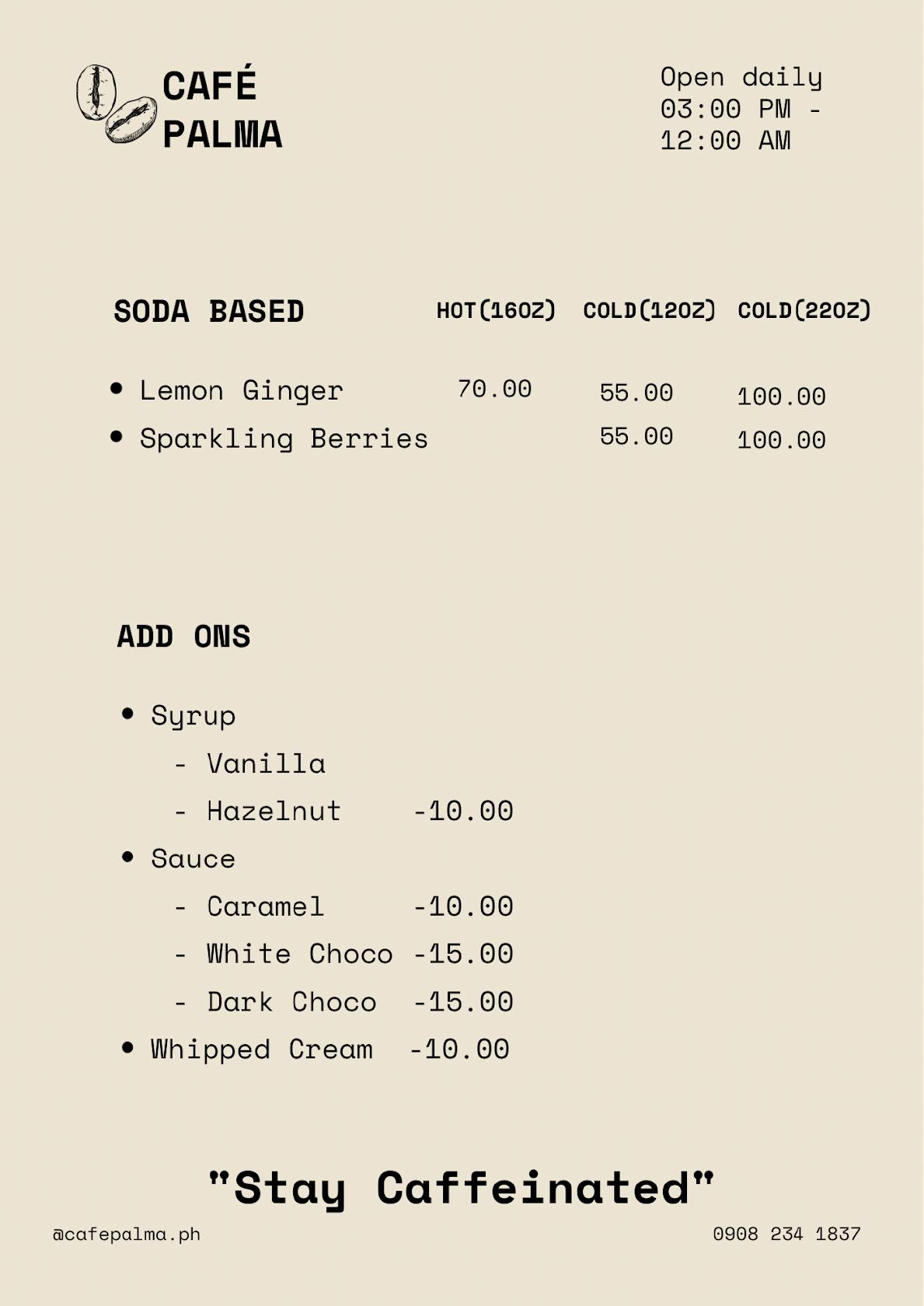 Menu at Café Palma, Rizal