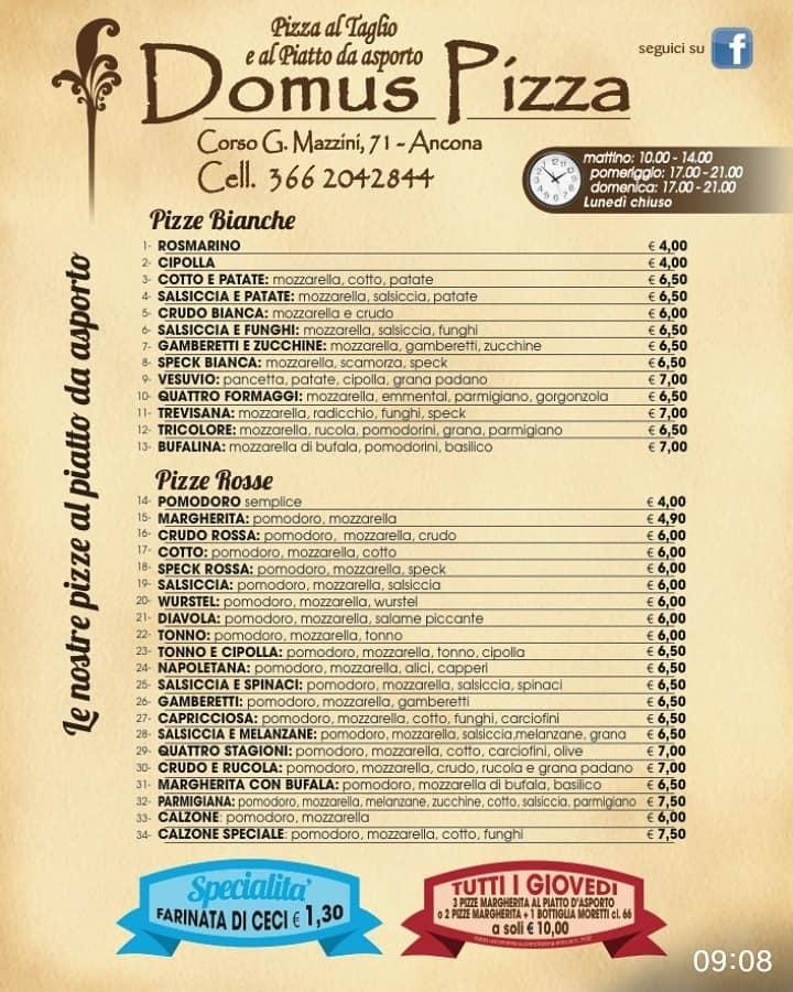 Menu at Domus Pizza restaurant, Ancona