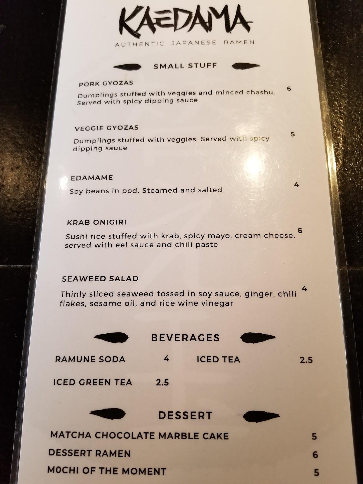 Menu at Kaedama restaurant, El Paso
