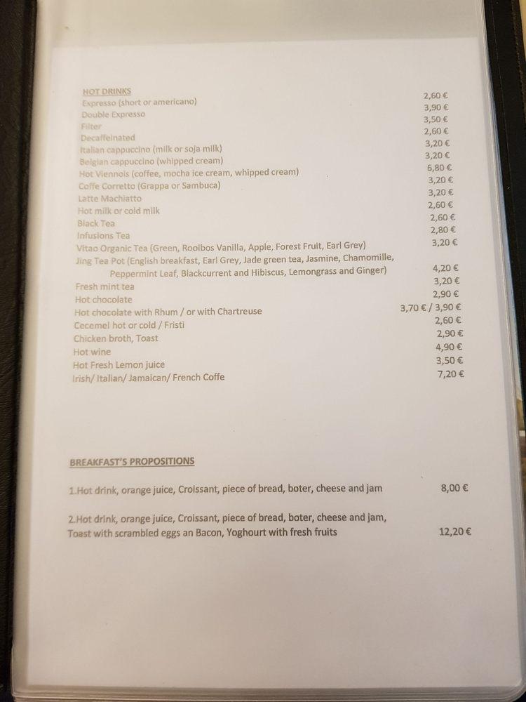 Menu au Mokafé Taverne, Bruxelles, Galerie du Roi 9