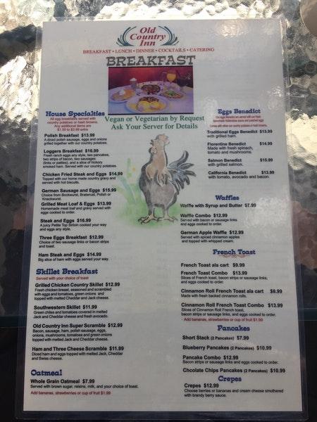 Menu at Old Country Inn restaurant, Big Bear Lake