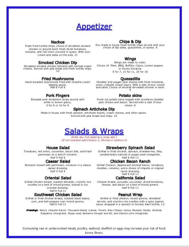 Menu at Orleans Trail Resort & Restaurant, Stockton
