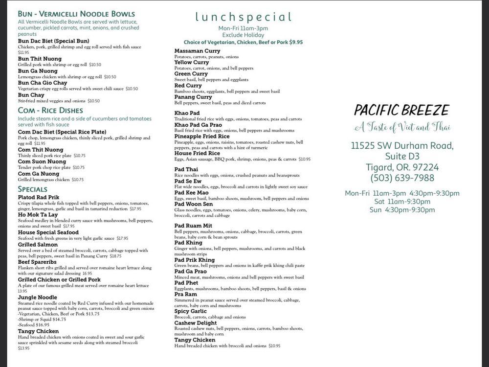 Menu at Pacific Breeze restaurant, Tigard