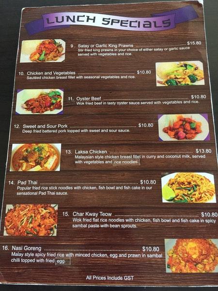 Menu at Malaysia House restaurant, Mackay