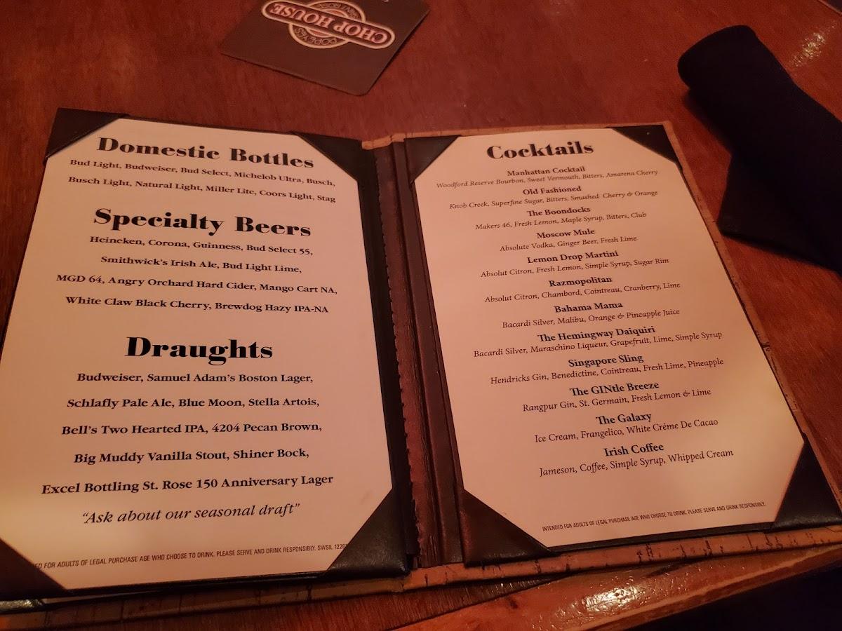 Menu at Popeye's Chop House steakhouse, USA