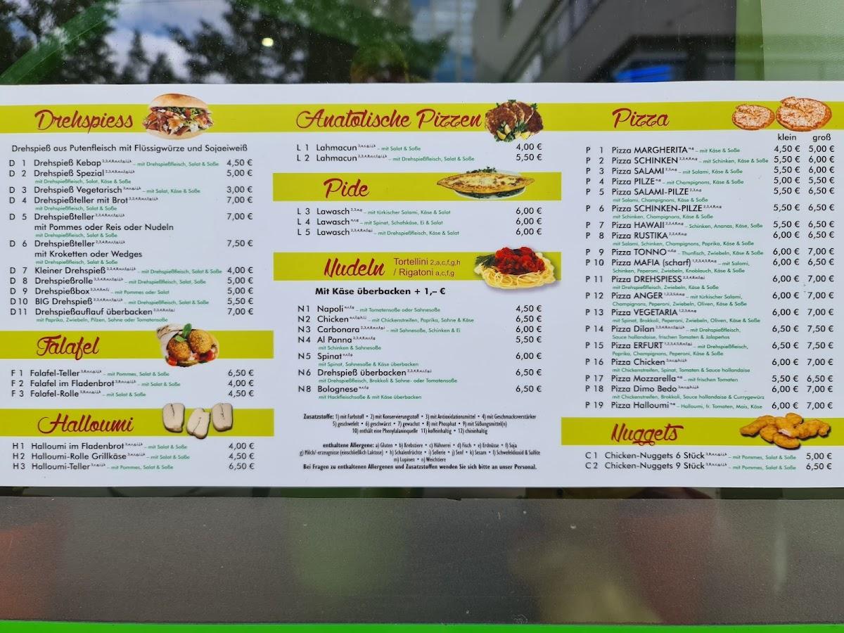 Menu at Anger Döner restaurant, Erfurt