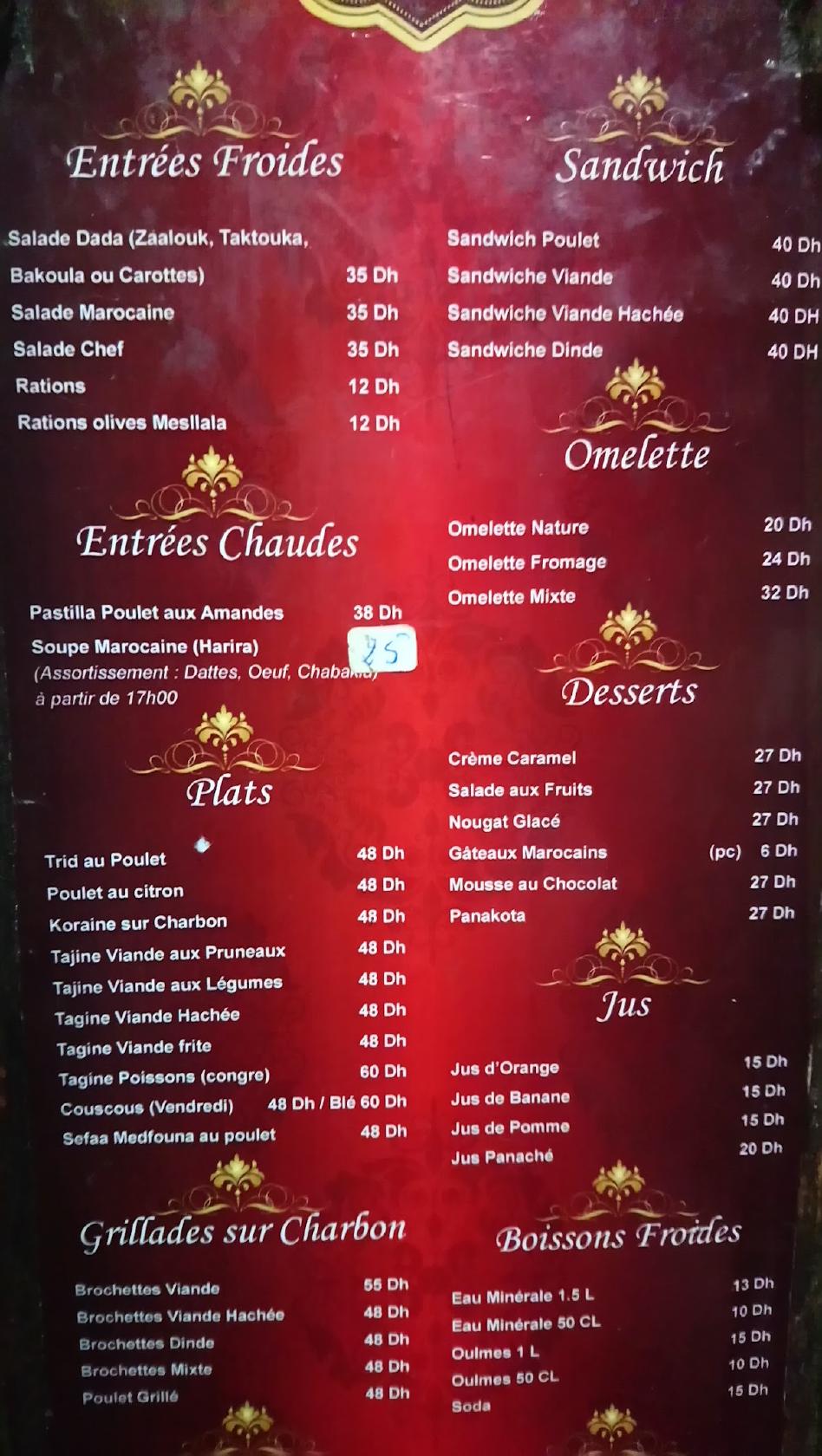 Speisekarte von Dar Zaki (Restaurant), Rabat