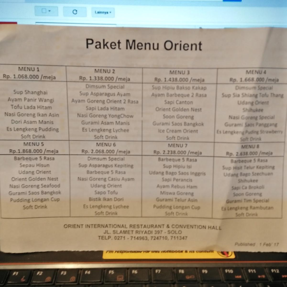 Menu at Dimsum Chinese "Orient" restaurant, Surakarta