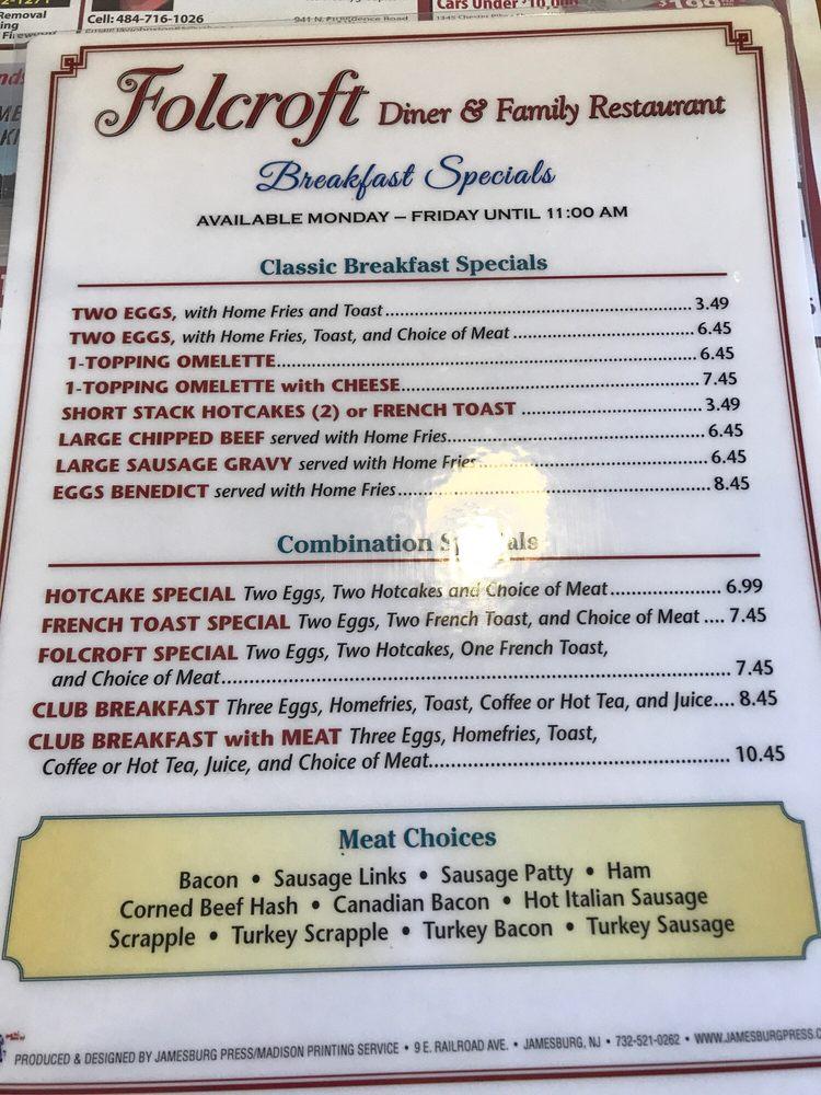 Menu at Folcroft Diner restaurant, Folcroft
