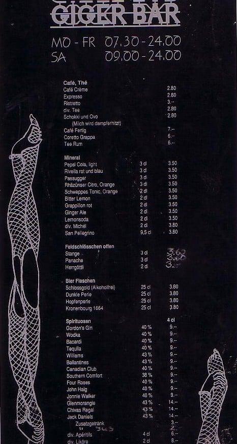 Menu at Giger Bar, Chur