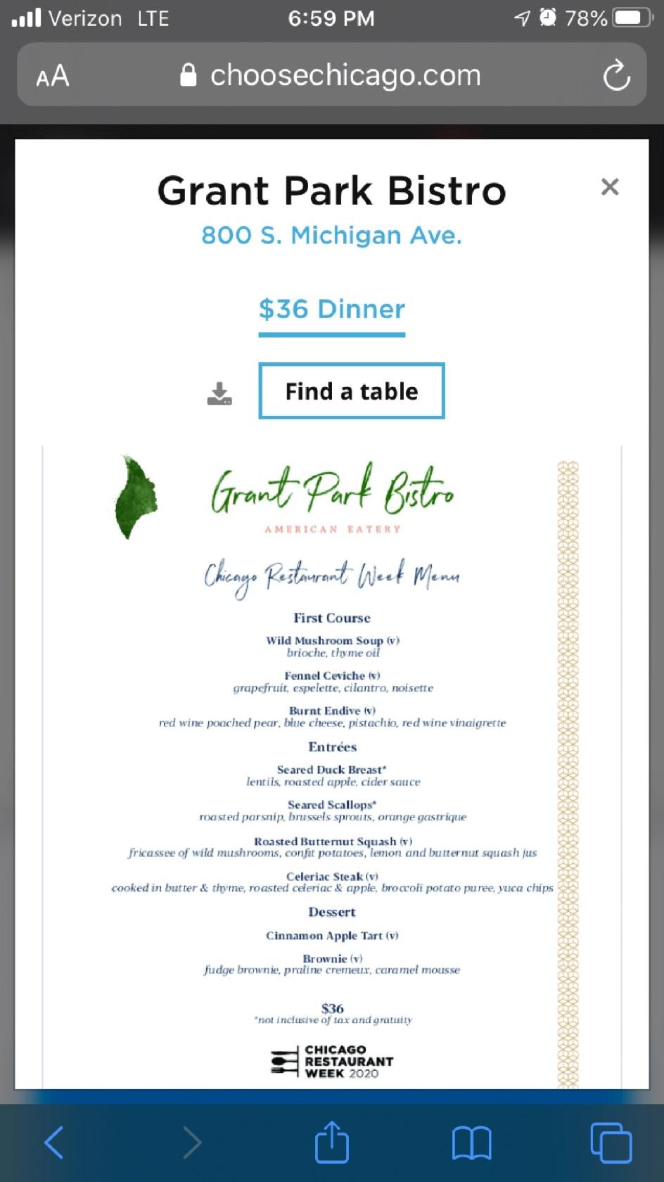 Menu at Grant Park Bistro restaurant, Chicago