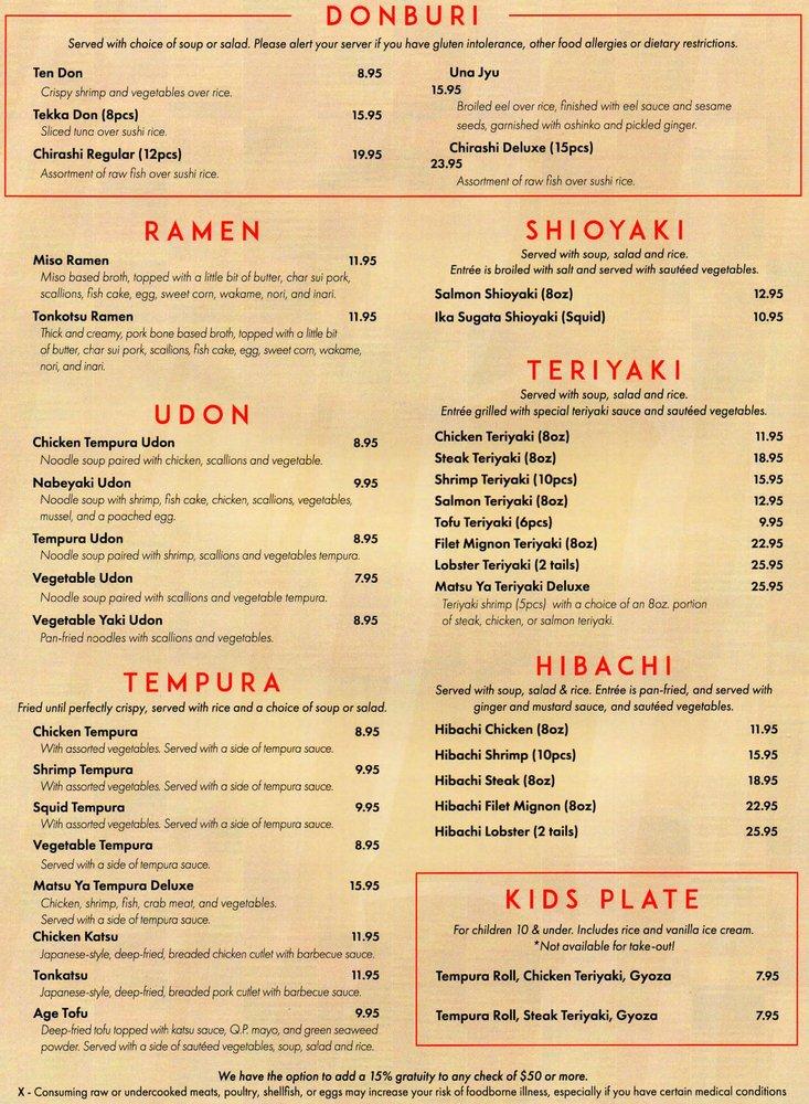 Menu at Matsu Ya Sushi Bar & Grill, Stevens Point