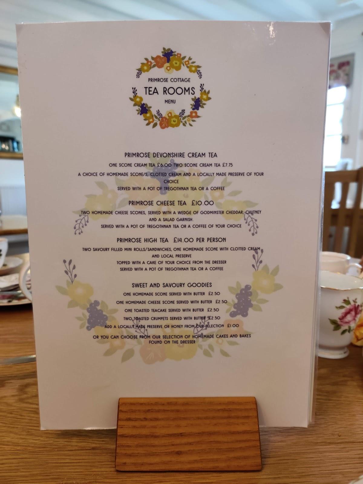 Menu at Primrose Cottage Tearooms cafe, Lustleigh