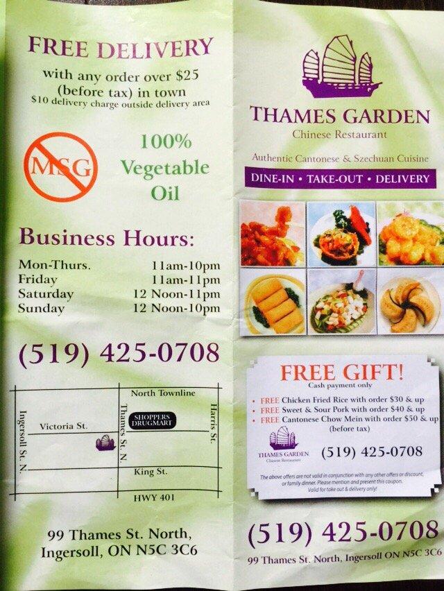 Menu at Thames Garden restaurant, Ingersoll