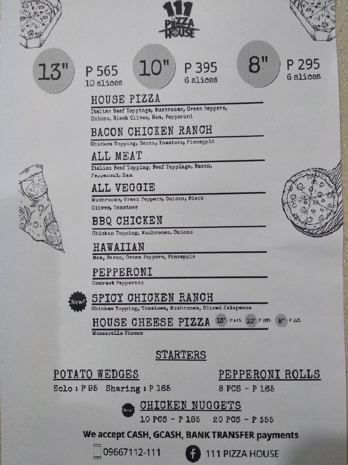 Menu at 111 Pizza House restaurant, Quezon City