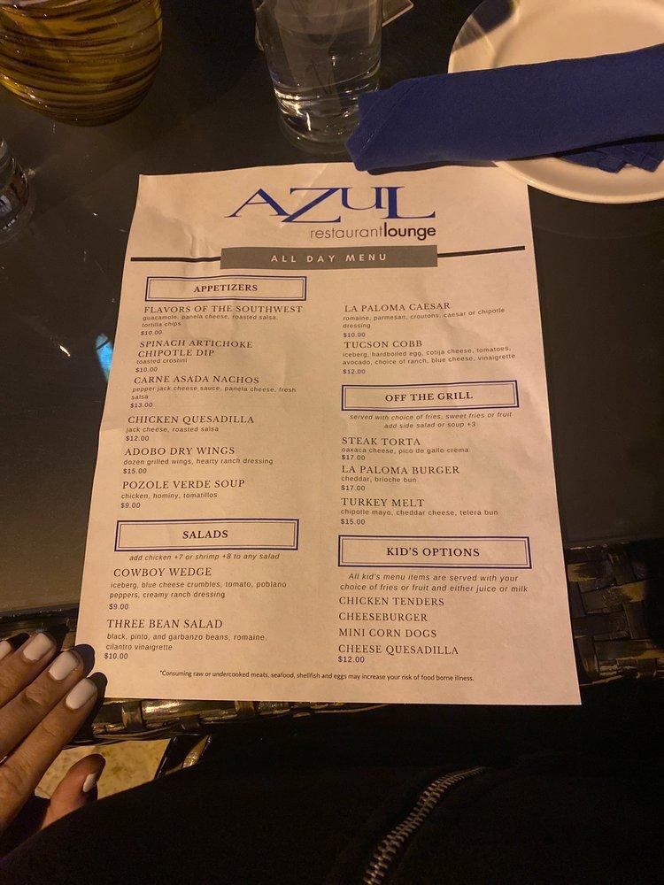 Menu at Azul Restaurant and Lounge, Tucson