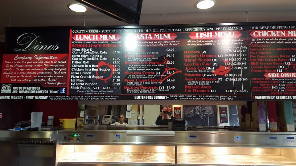 Menu at Dinos pizzeria, Ayr