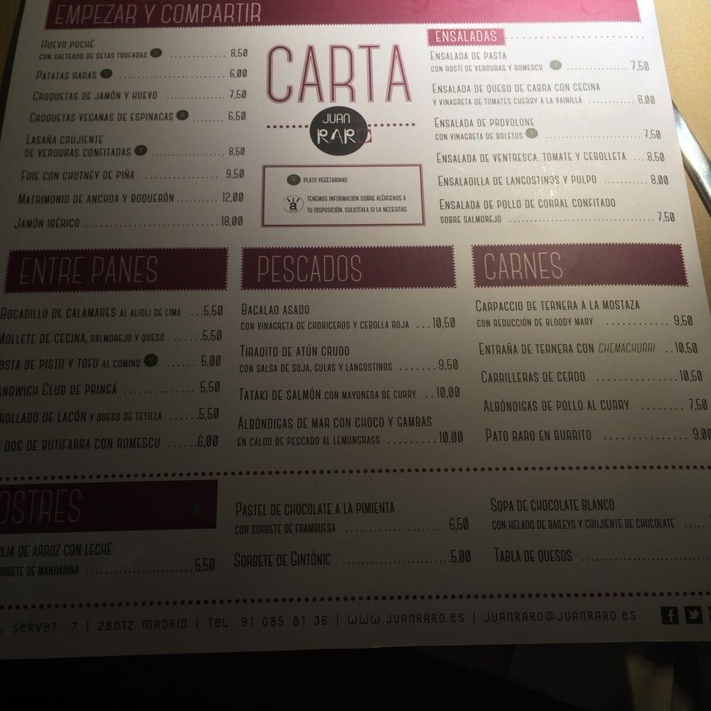 Menu at Juan Raro cafeteria, Madrid