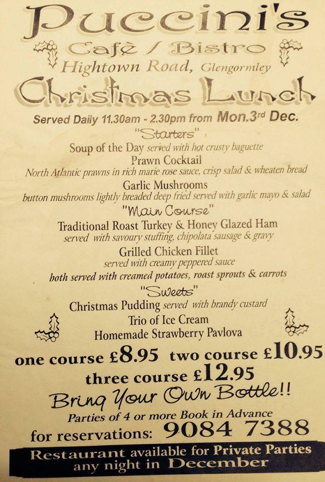 Menu at Puccini's Cafe Bistro, Glengormley, 2 Hightown Rd