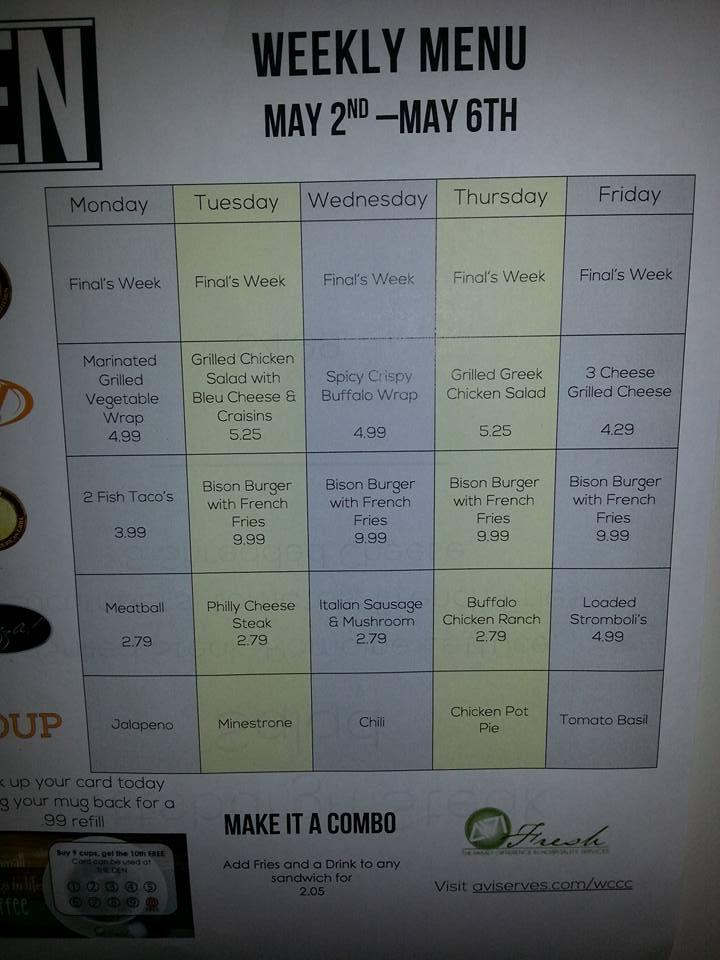Menu at AVI Fresh at WCCC cafeteria, Youngwood