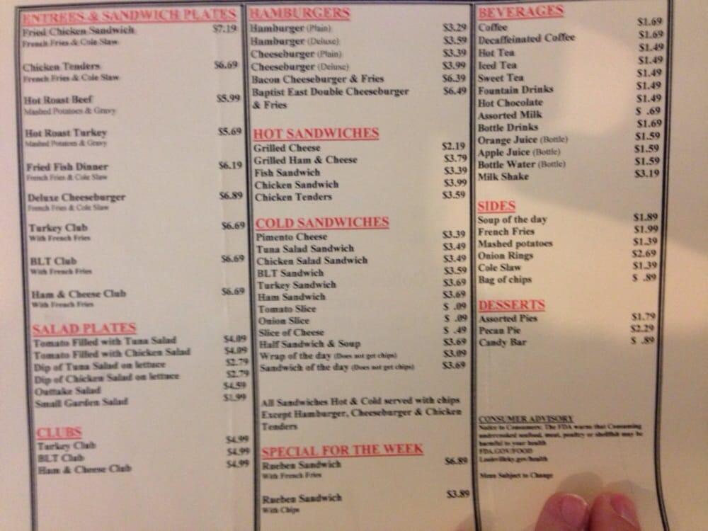 Menu at Baptist East Coffee Shop cafe, Saint Matthews