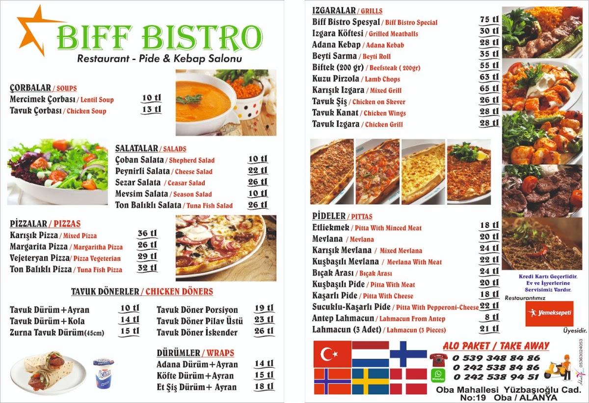 Menu at Biff Bistro Restauran, Alanya