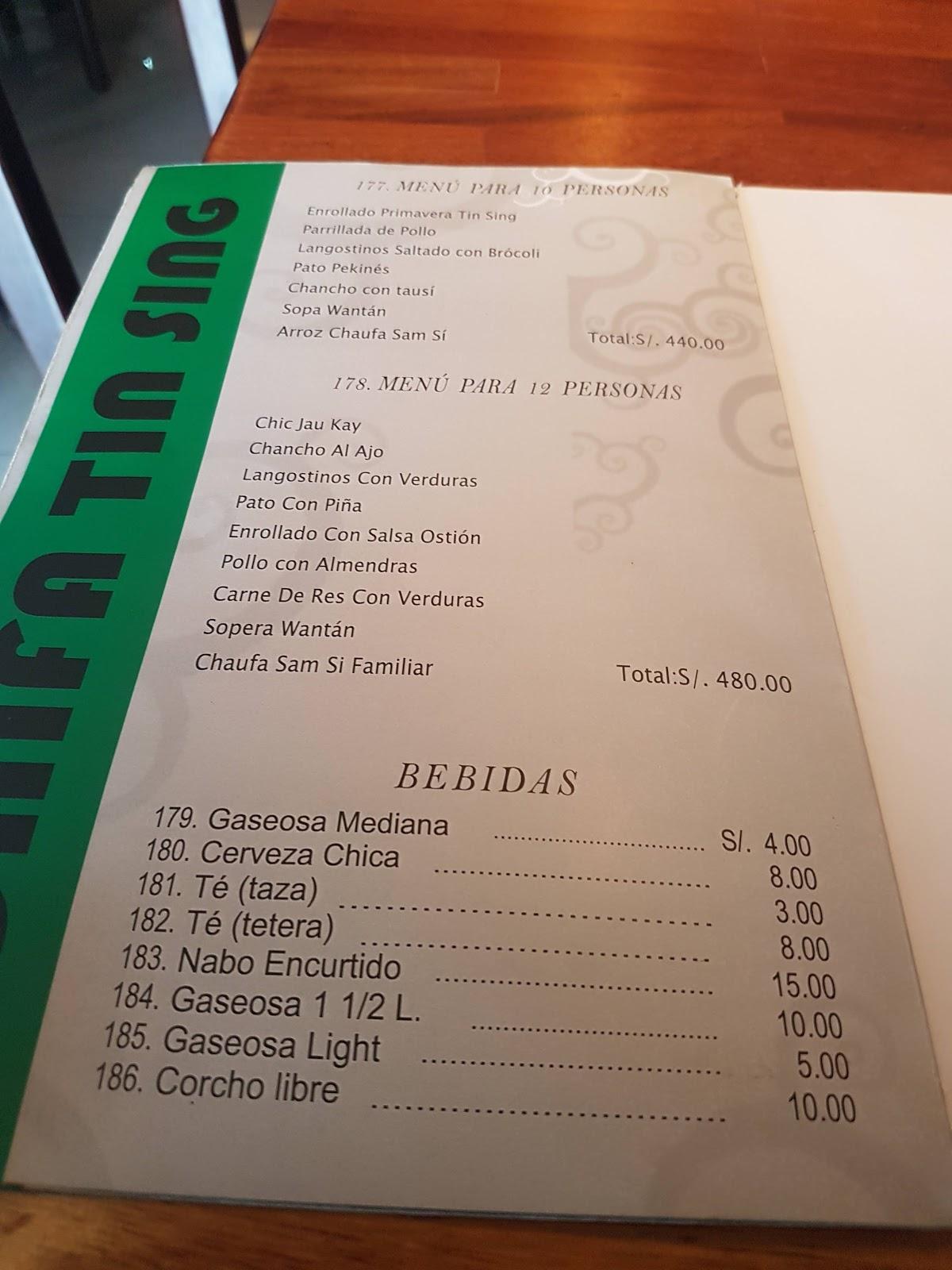 Carta del restaurante Chifa Tin Sing, Lima