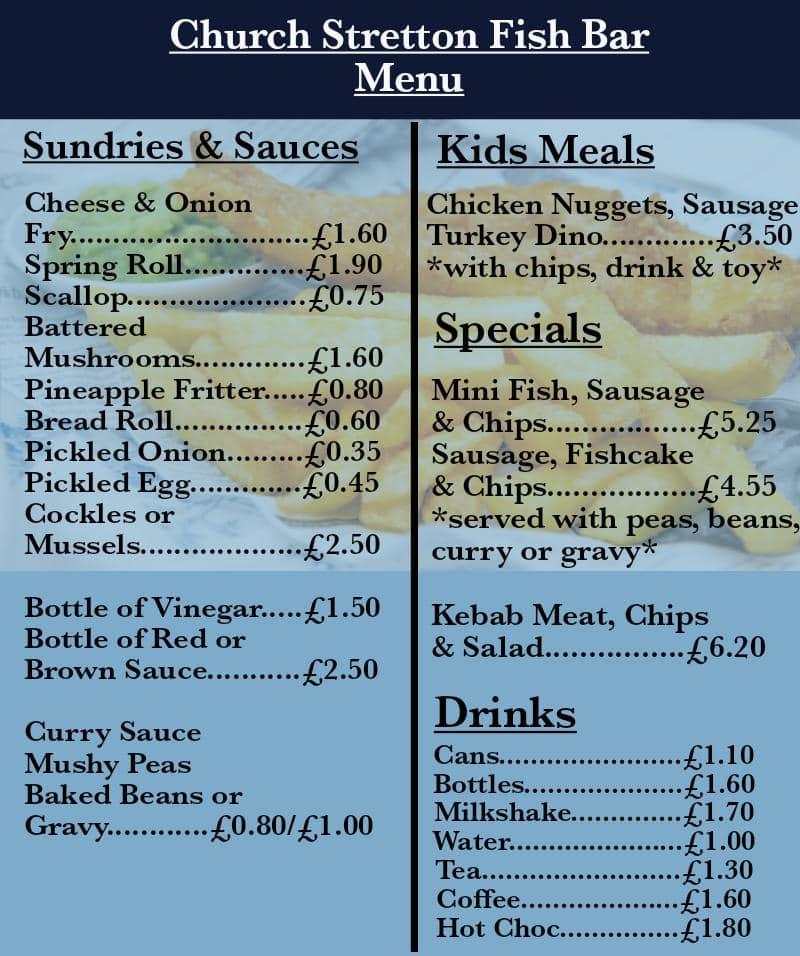 Menu at Church Stretton Fish Bar, Church Stretton