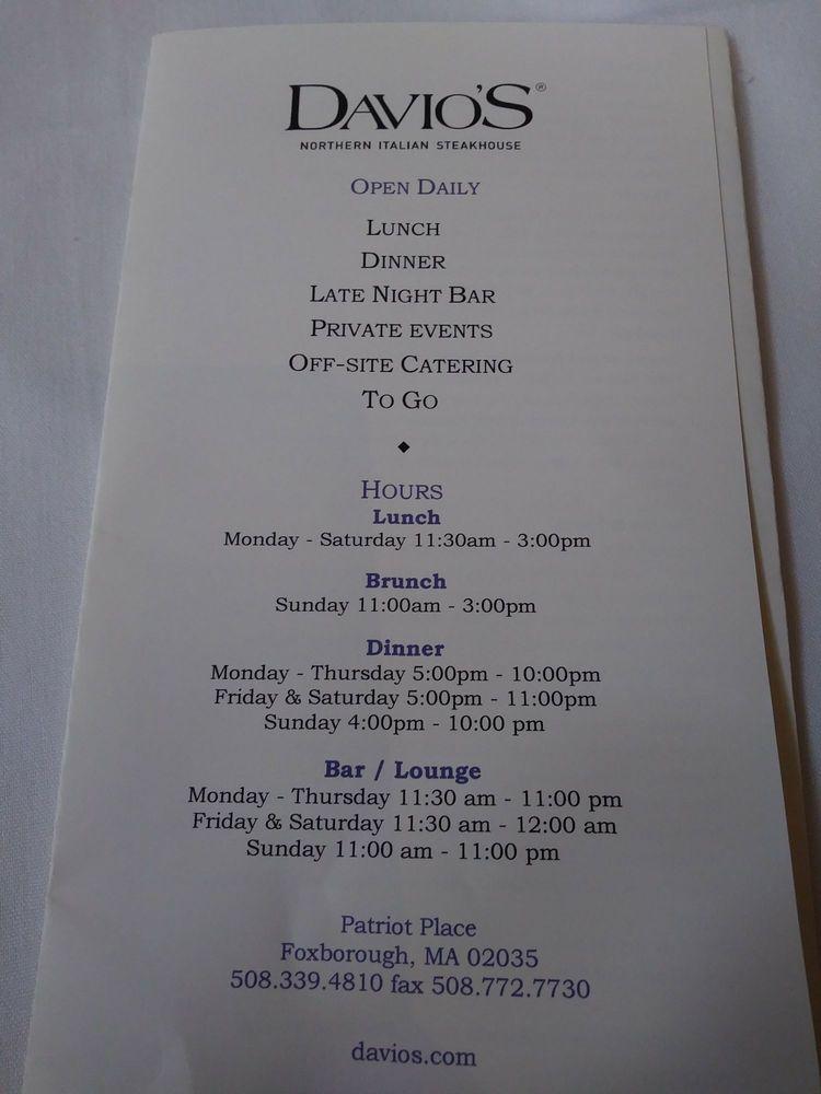 Menu at Davio's Northern Italian Steakhouse, Foxborough, 236 Patriot Pl