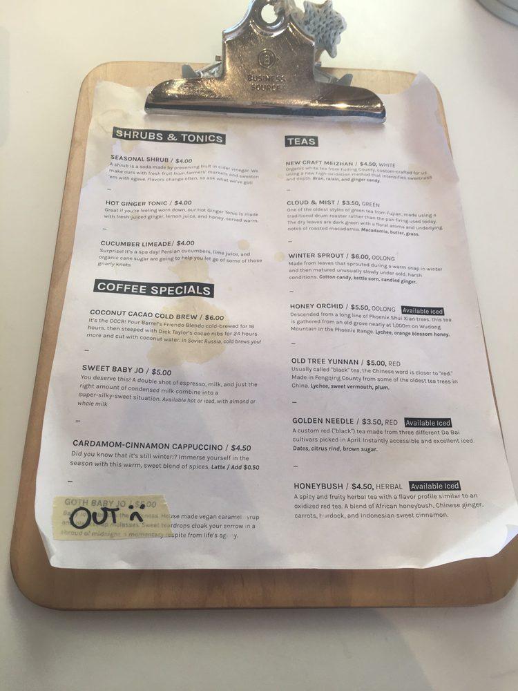 Menu at Dinosaur Coffee, Los Angeles