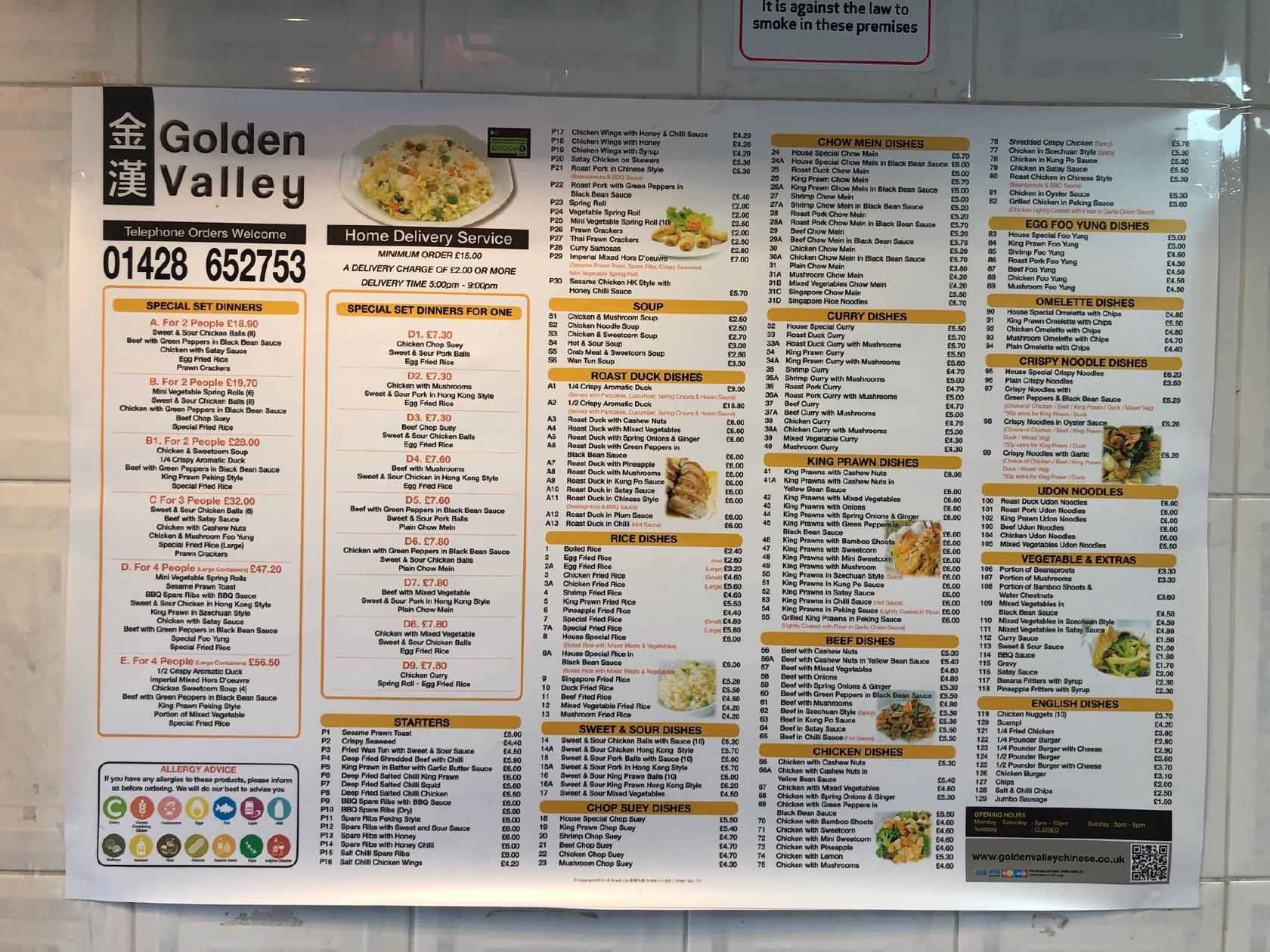 Menu at Golden Valley restaurant, Haslemere
