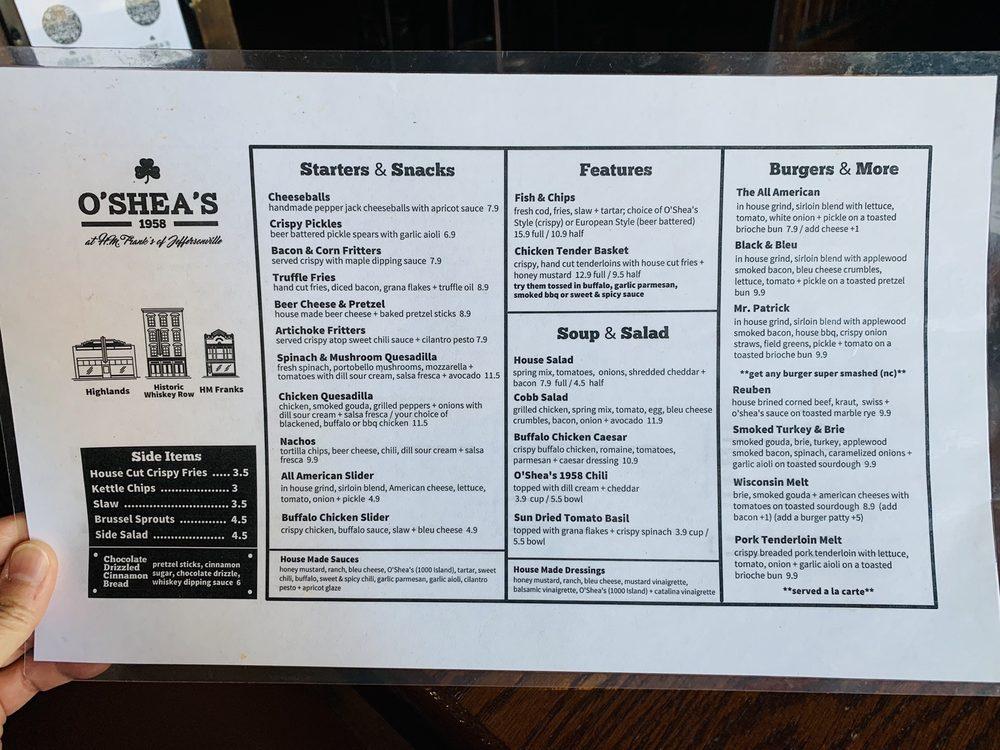 Menu at H.M.Franks an O'Shea's Pub, Jeffersonville