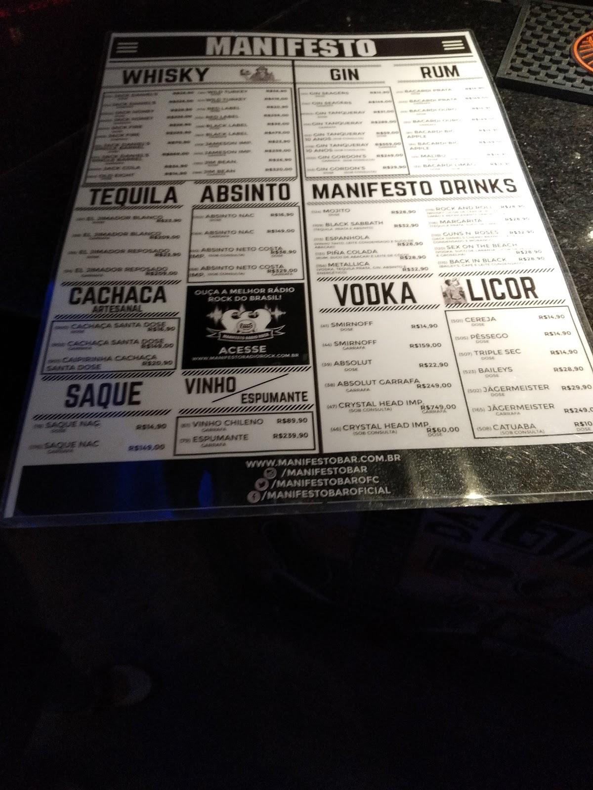 Menu em Manifesto Bar, São Paulo