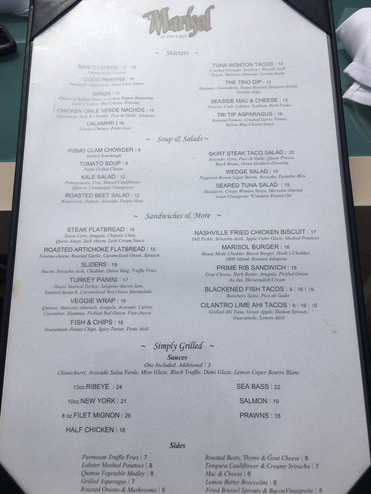 Menu at Marisol at The Cliffs restaurant, Pismo Beach