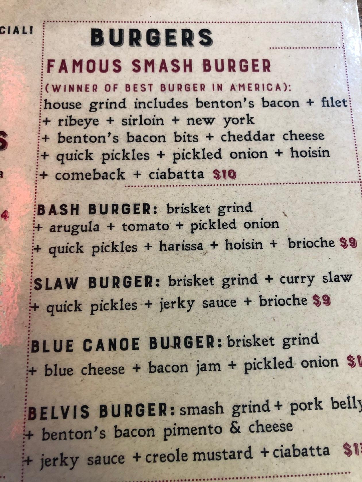 Menu at Neon Pig Tupelo cafe, Tupelo