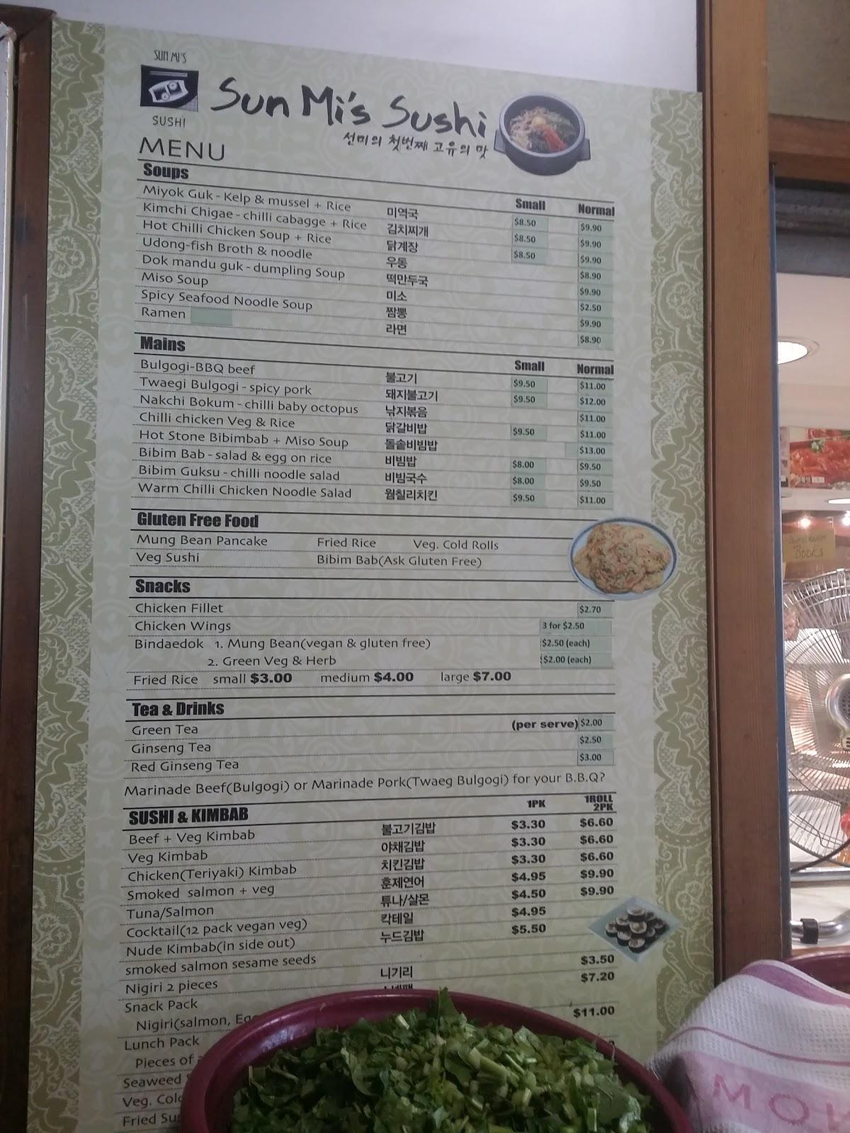 Menu at Sunmi’s Sushi restaurant, Adelaide