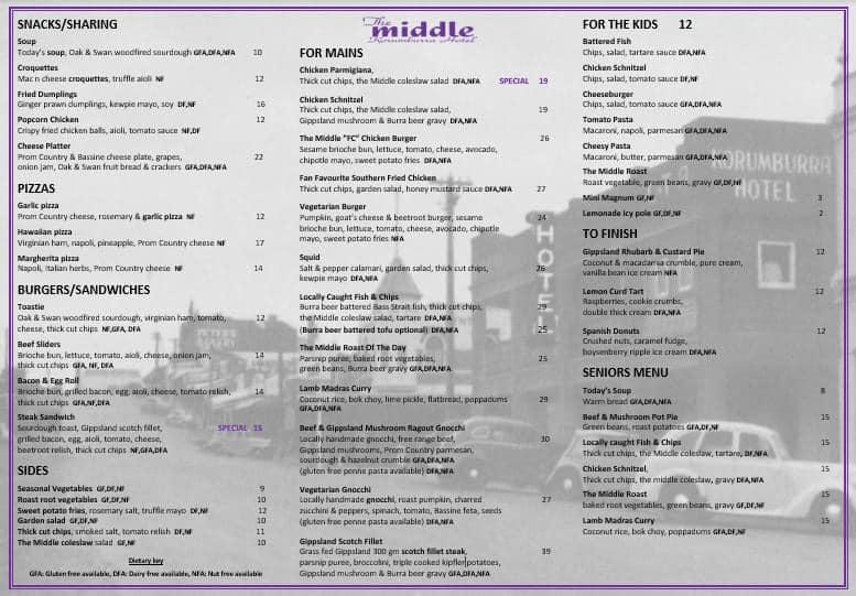 Menu at The Korumburra Middle Hotel restaurant, Korumburra