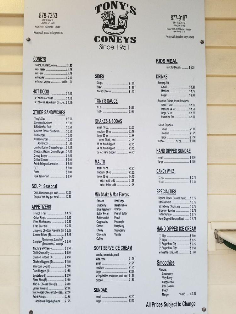 Menu at Tony's Coneys restaurant, Columbus