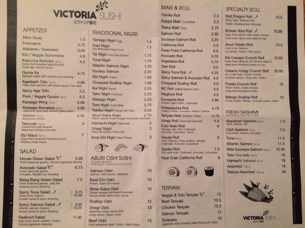 Menu at Victoria Sushi restaurant, New Westminster