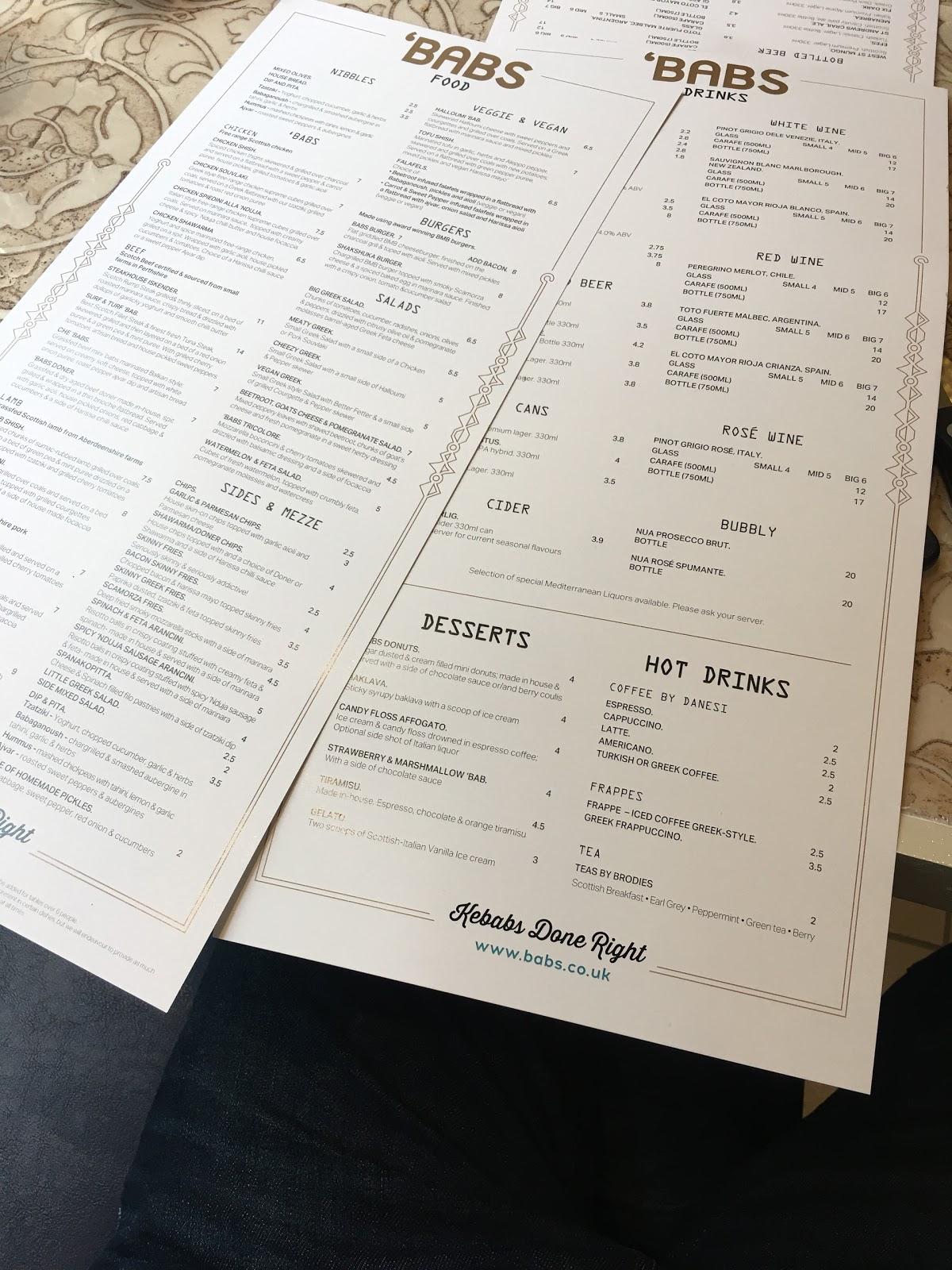 Menu at 'BABS restaurant, Glasgow