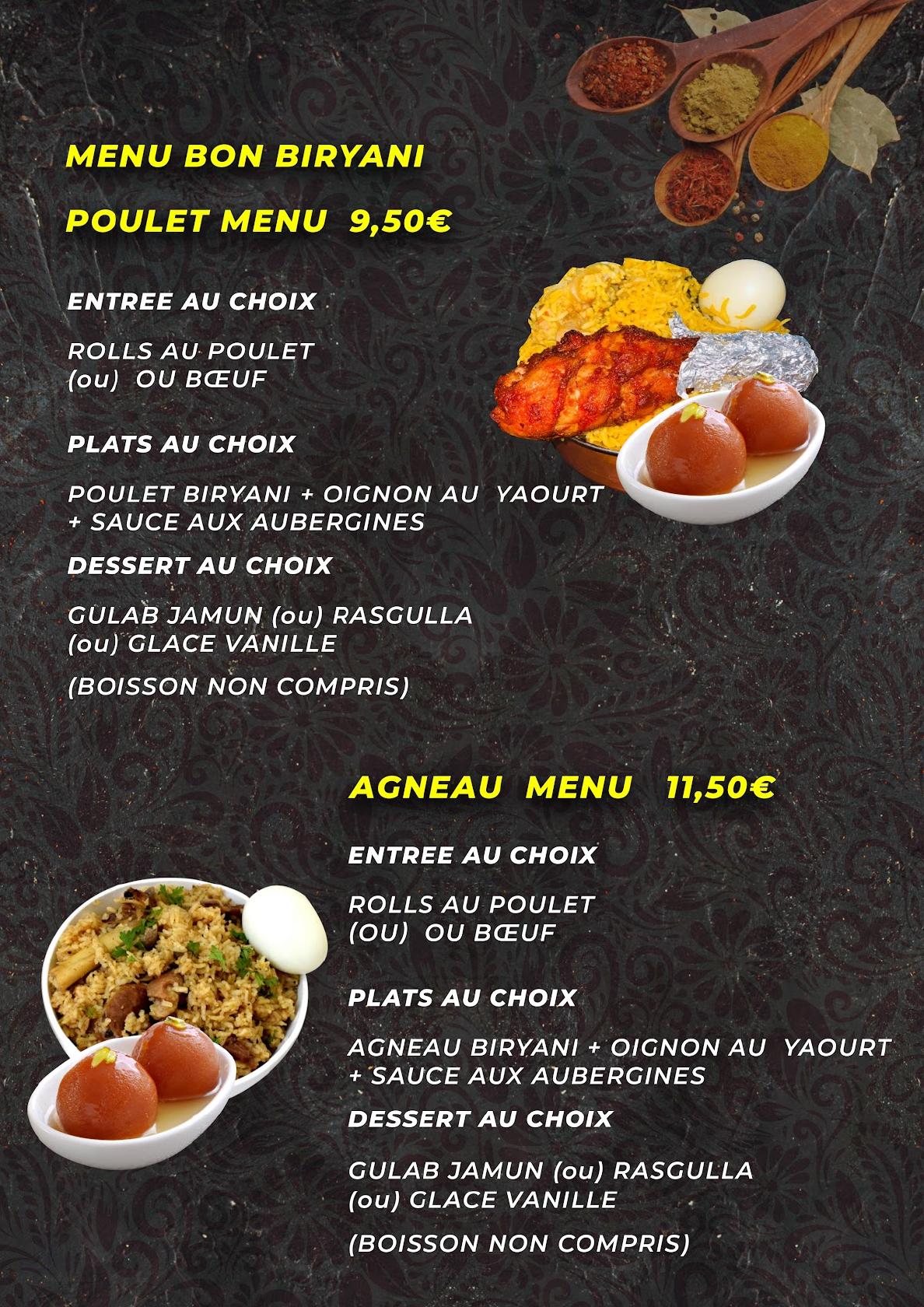 Menu au Bon Biryani restaurant, Vitry-sur-Seine