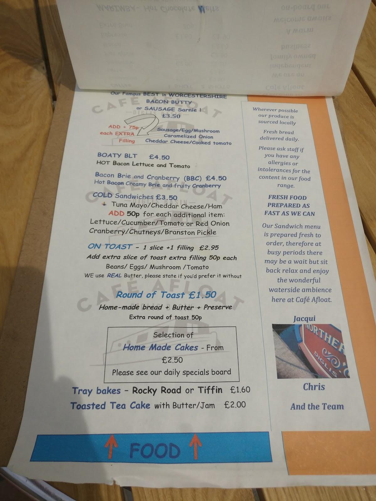 Menu at Café Afloat cafe, Worcester