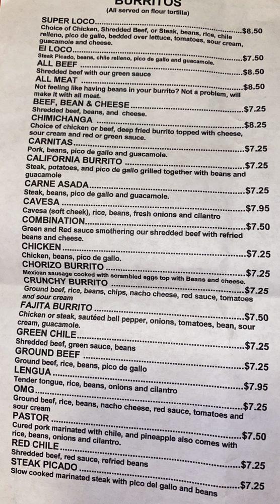 Menu at El Burrito Loco restaurant, Portland