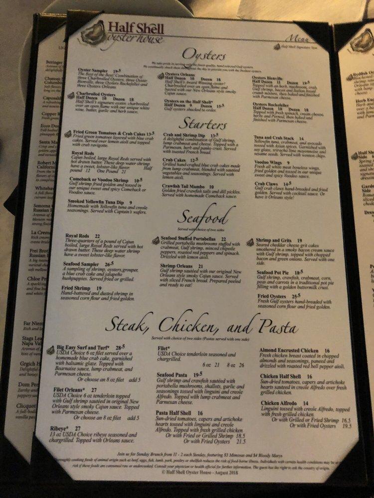 Menu at Half Shell Oyster House restaurant, Tuscaloosa