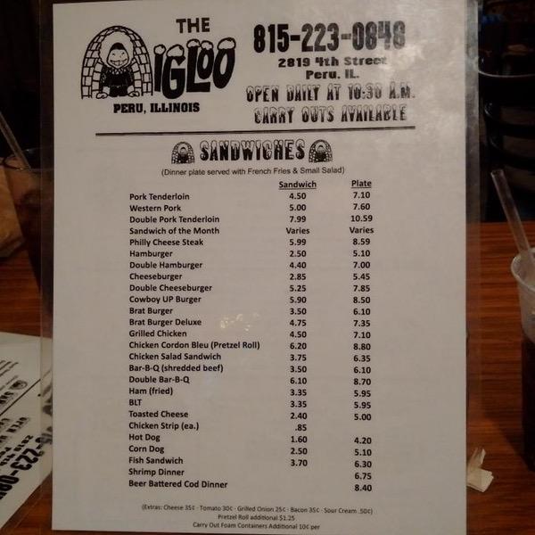 Menu at Igloo Drive-In restaurant, Peru