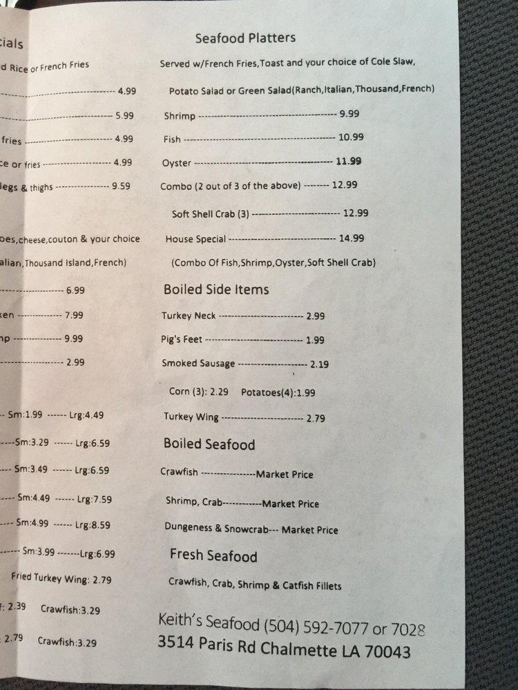 Menu at Keith's Seafood restaurant, Chalmette